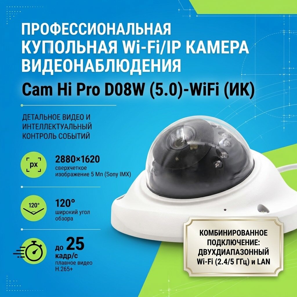 Беспроводная видеокамера 5Mp Cam Hi Pro D08W (5.0)-WiFi (ИК)