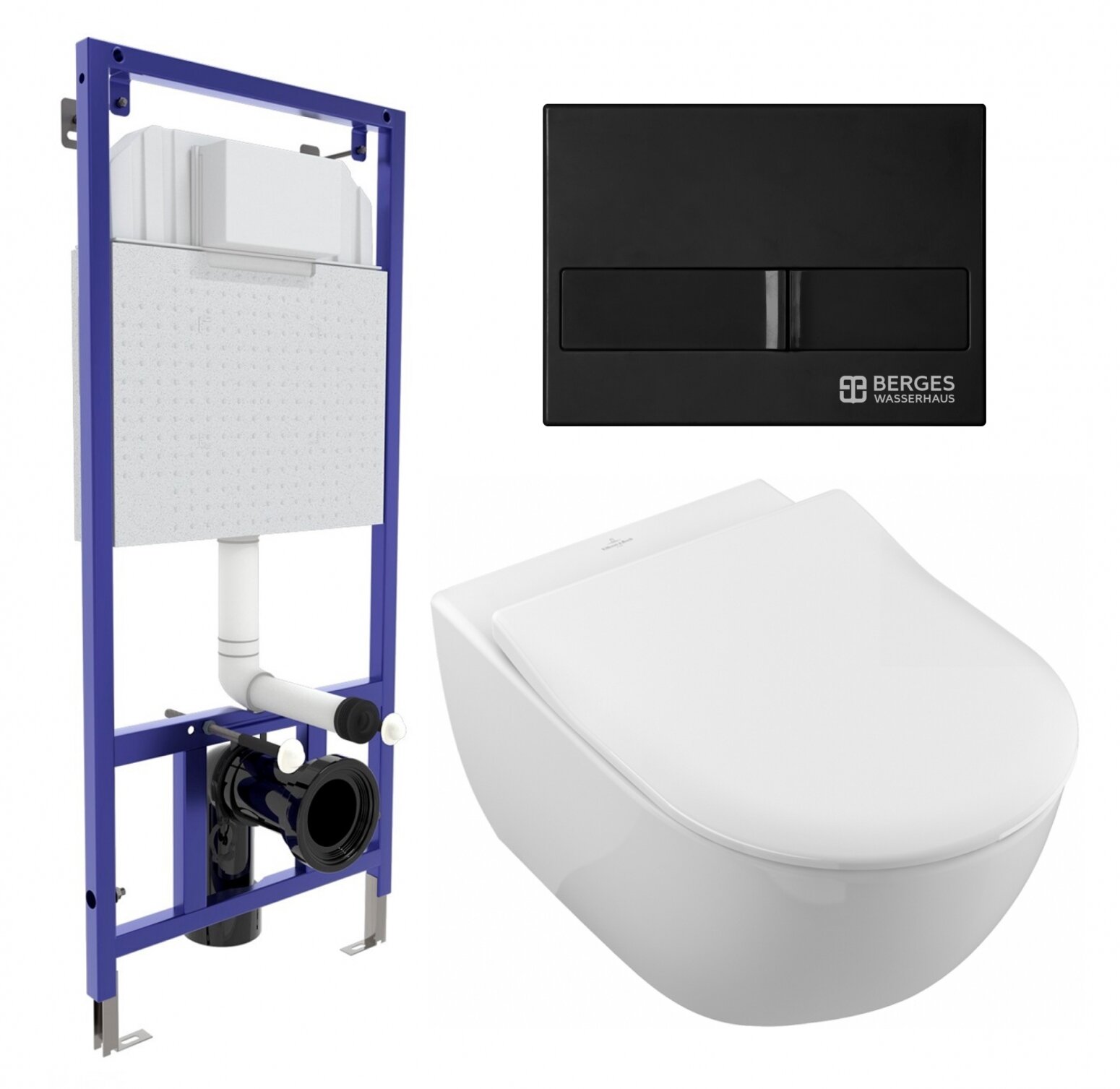 Комплект 3 в 1 инсталляция Berges Wasserhaus Novum L5 + Унитаз подвесной Villeroy & Boch Subway 2.0 5614R201 + кнопка черная