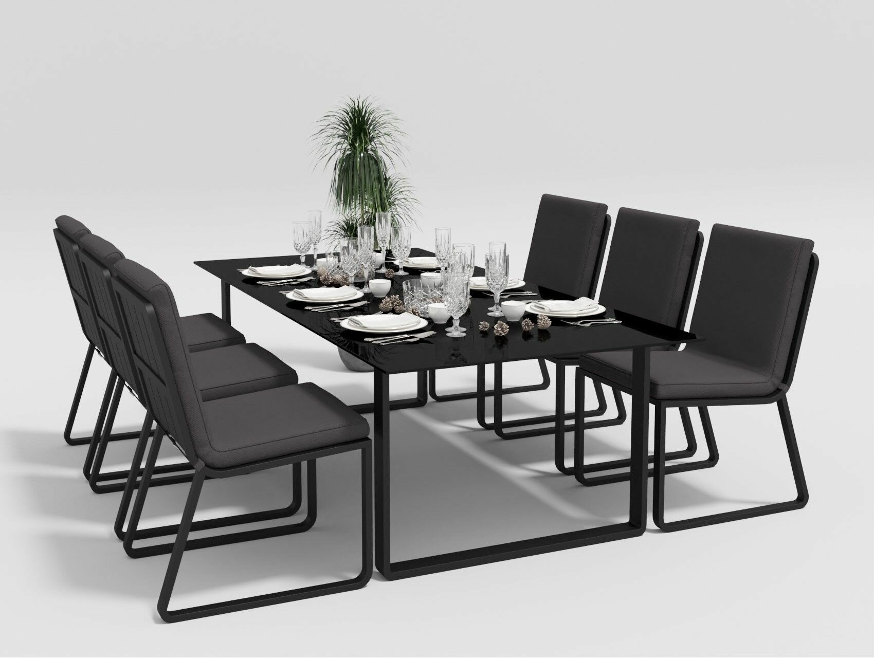Обеденная группа Гарденини Волье 220x105 C2(Обеденная группа Gardenini Voglie 220x105 C2) каркас темно-серый карбон / подушки антрацит / столешница черная глянцевая