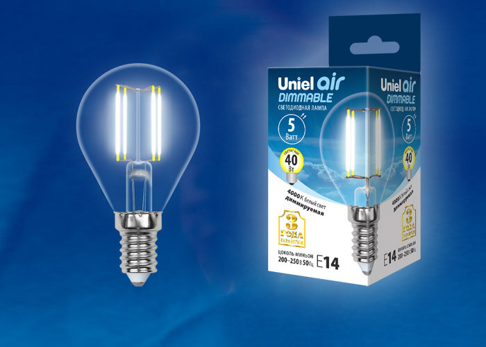 Лампа светодиодная 5W LED-G45-5W/NW/Е14/CL/DIM GLA01TR ШАР диммируемая цвет белый AIR DIM UNIEL