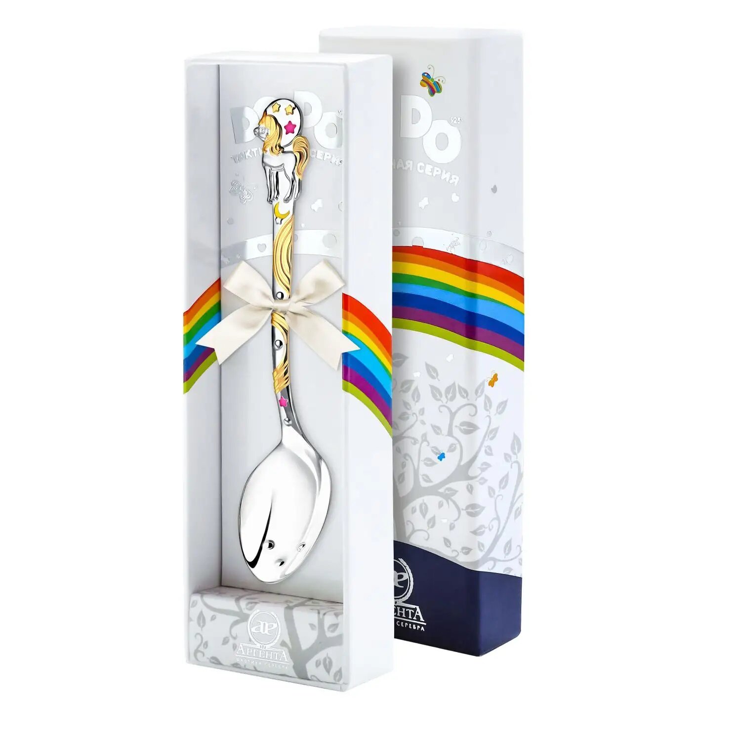 Серебряная детская ложка DoDo Единорог с позолотой и розовой с эмалью с футляром