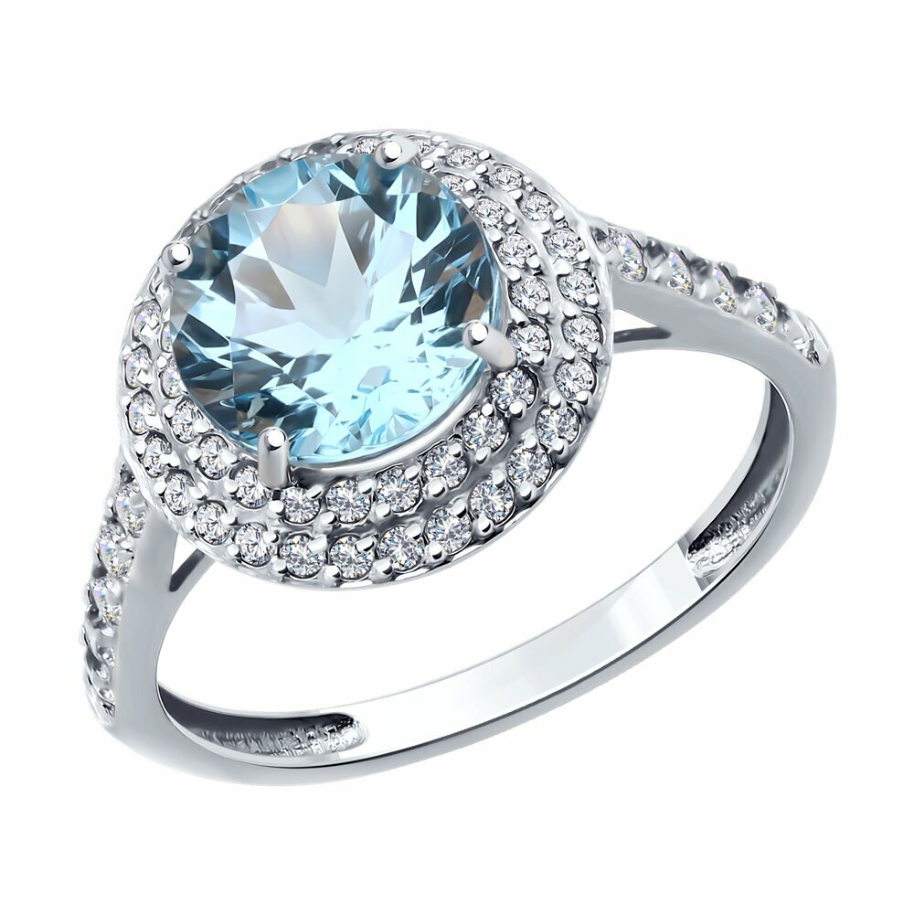 Кольцо, белое золото, 585 проба, фианит, топаз