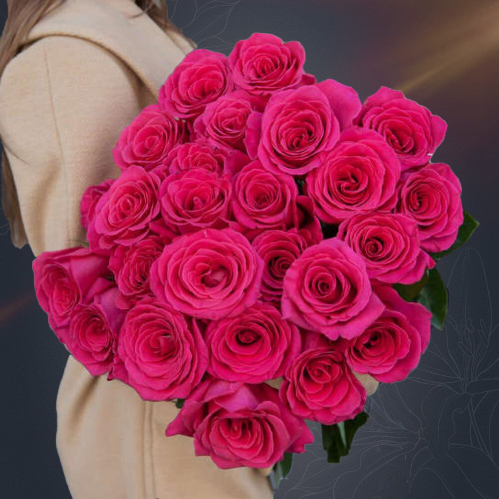 Классический букет из 25 розовых Эквадорских роз 50 см с атласной лентой от 2name Flowers