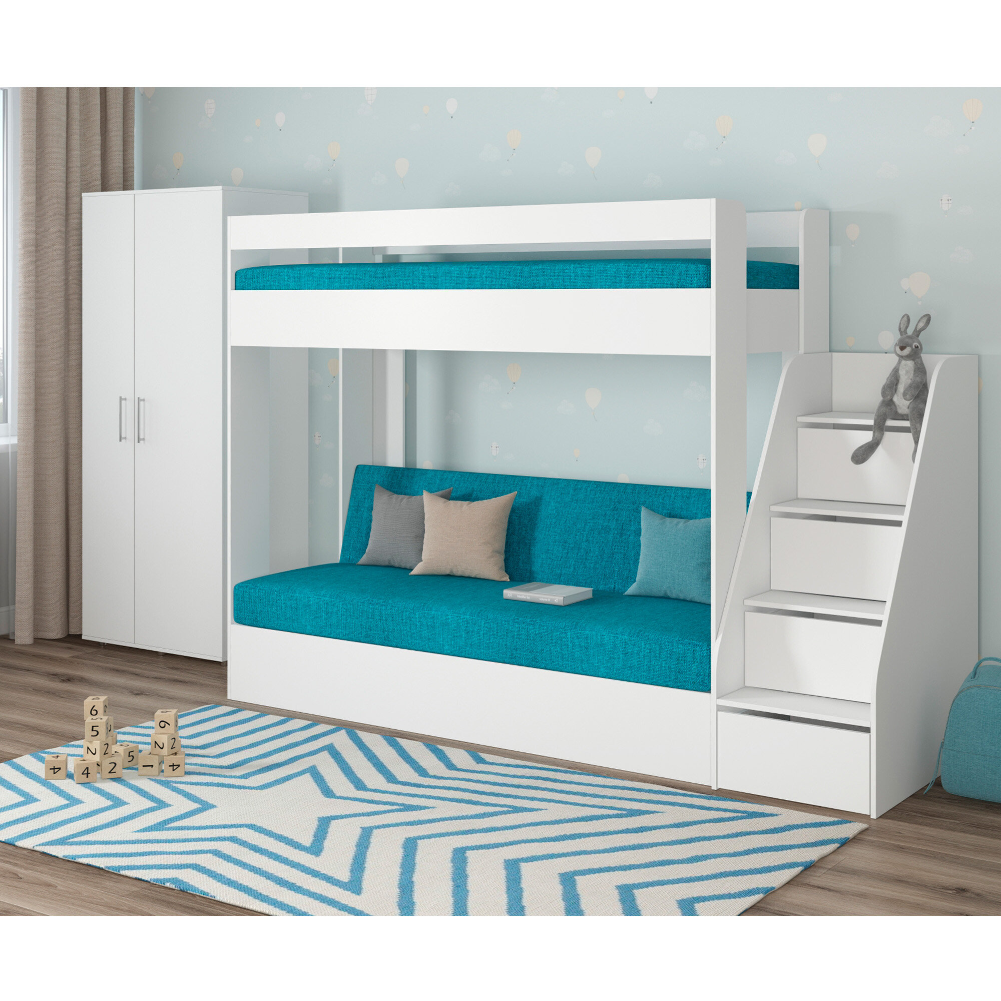 Кровать двухъярусная с диваном и лестницей-комодом Есэндвич new Лаворо (Белый/Savana Plus Lagoon)