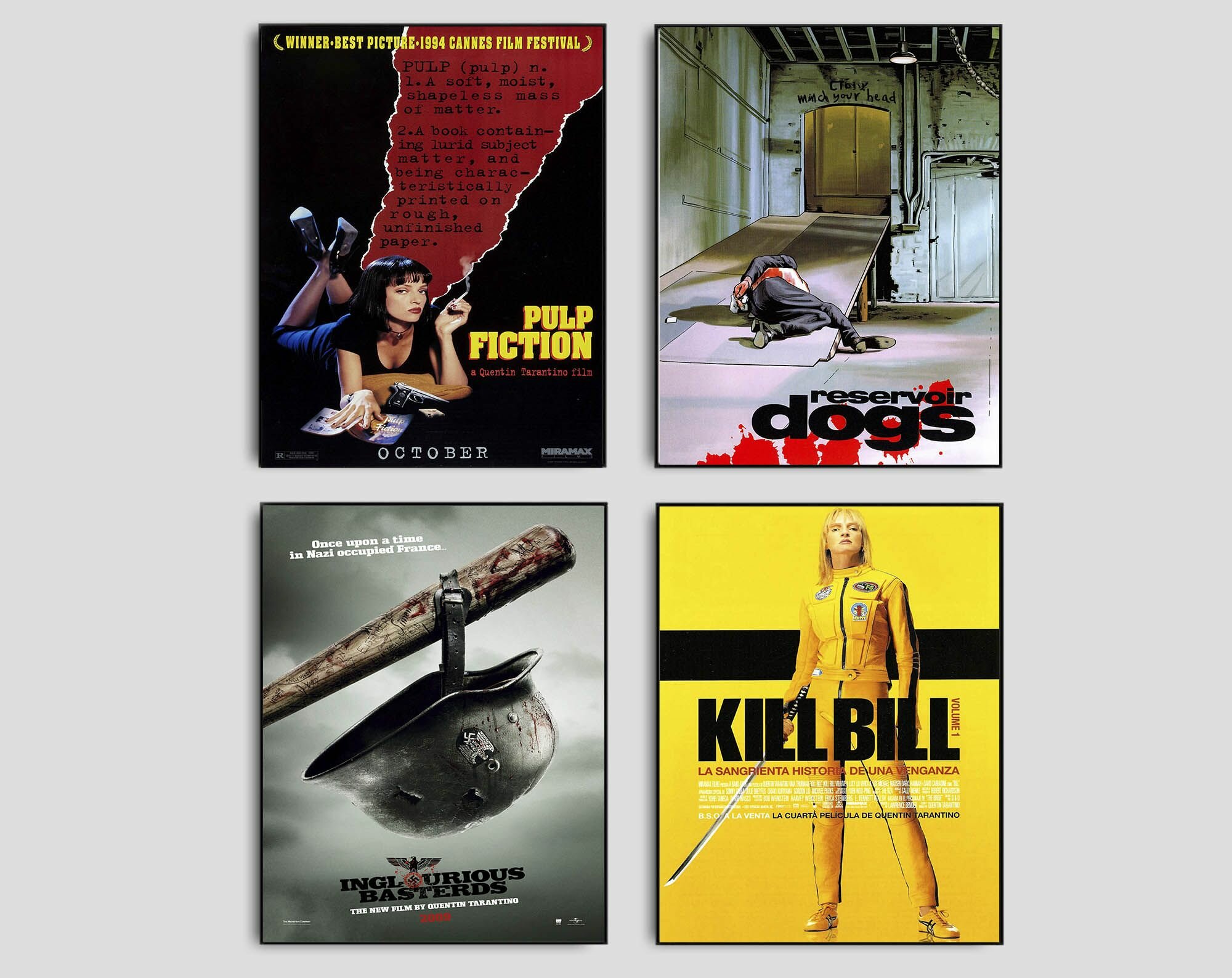 Набор киноплакатов "Фильмография Тарантино" - Убить Билла, Криминальное чтиво, Бешеные псы, Бесславные ублюдки. 4 стильных постерв "Артхаус кино - Quentin Tarantino", А4 без рамы