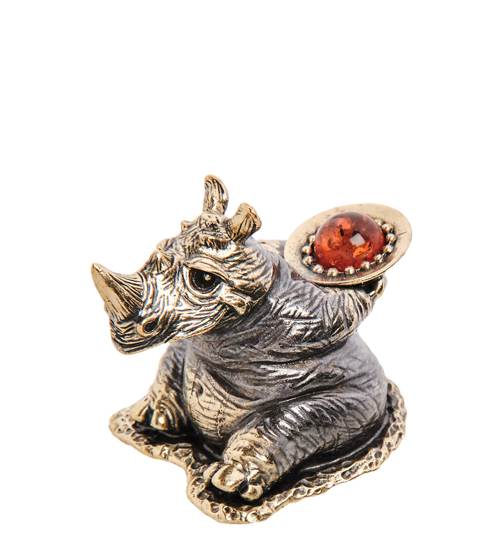 Фигурка 'Носорог праздник' (латунь, янтарь)