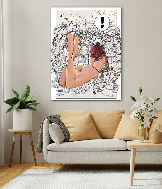 Интерьерная картина на холсте "Девушка в бикини на пляже и Социальные сети - комикс" размер 45x60 см