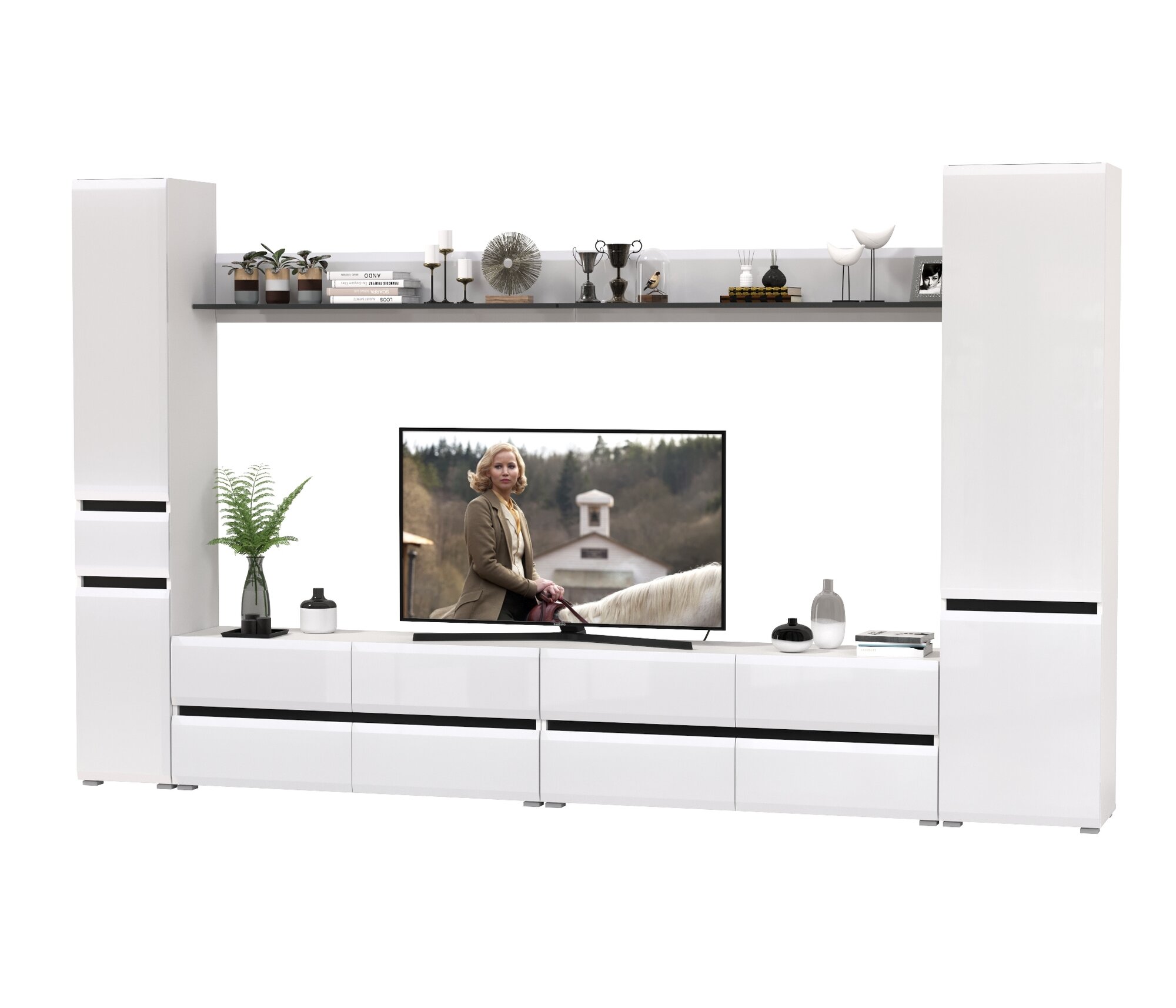 Гостиная Комплектация Моби Сидней № 107, цвет белый/чёрный/МДФ белый глянец, 344,8х41,3х205,2 см.