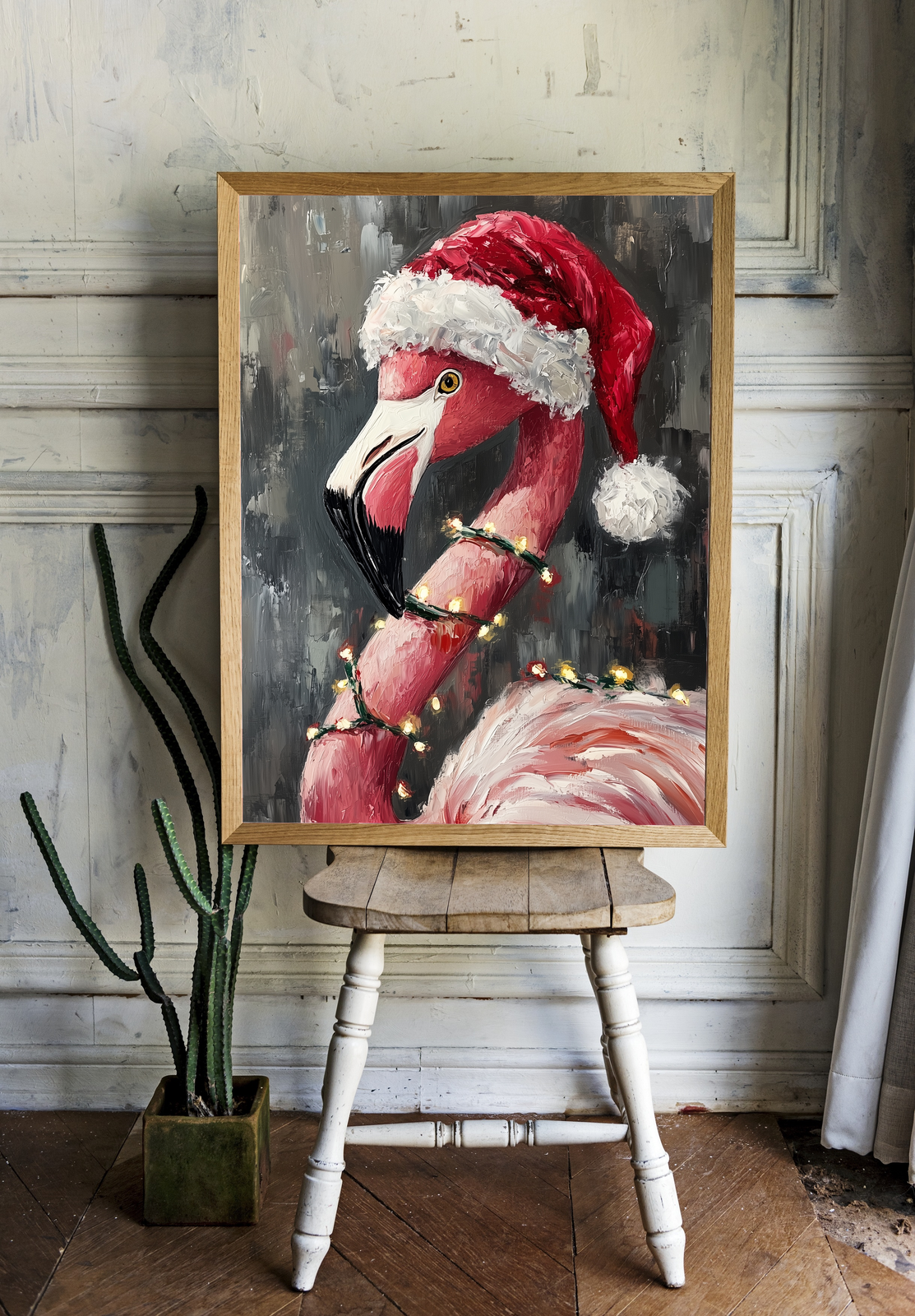 Постер "Фламинго в новогодней шапке" 40x50 см в подарочном тубусе