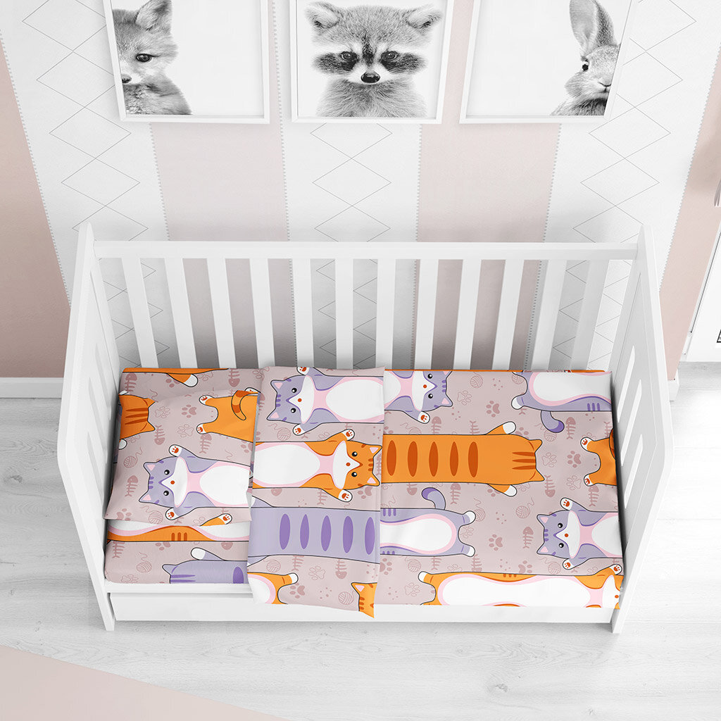 Детское постельное белье Домашняя Мода "Кот-батон" 3 предмета: пододеяльник 112х147 см, простыня 100х150 см, 1 наволочка 40х60 см, бязь "Комфорт", хлопок 100% (КПБ-Я-3-147-1-П)