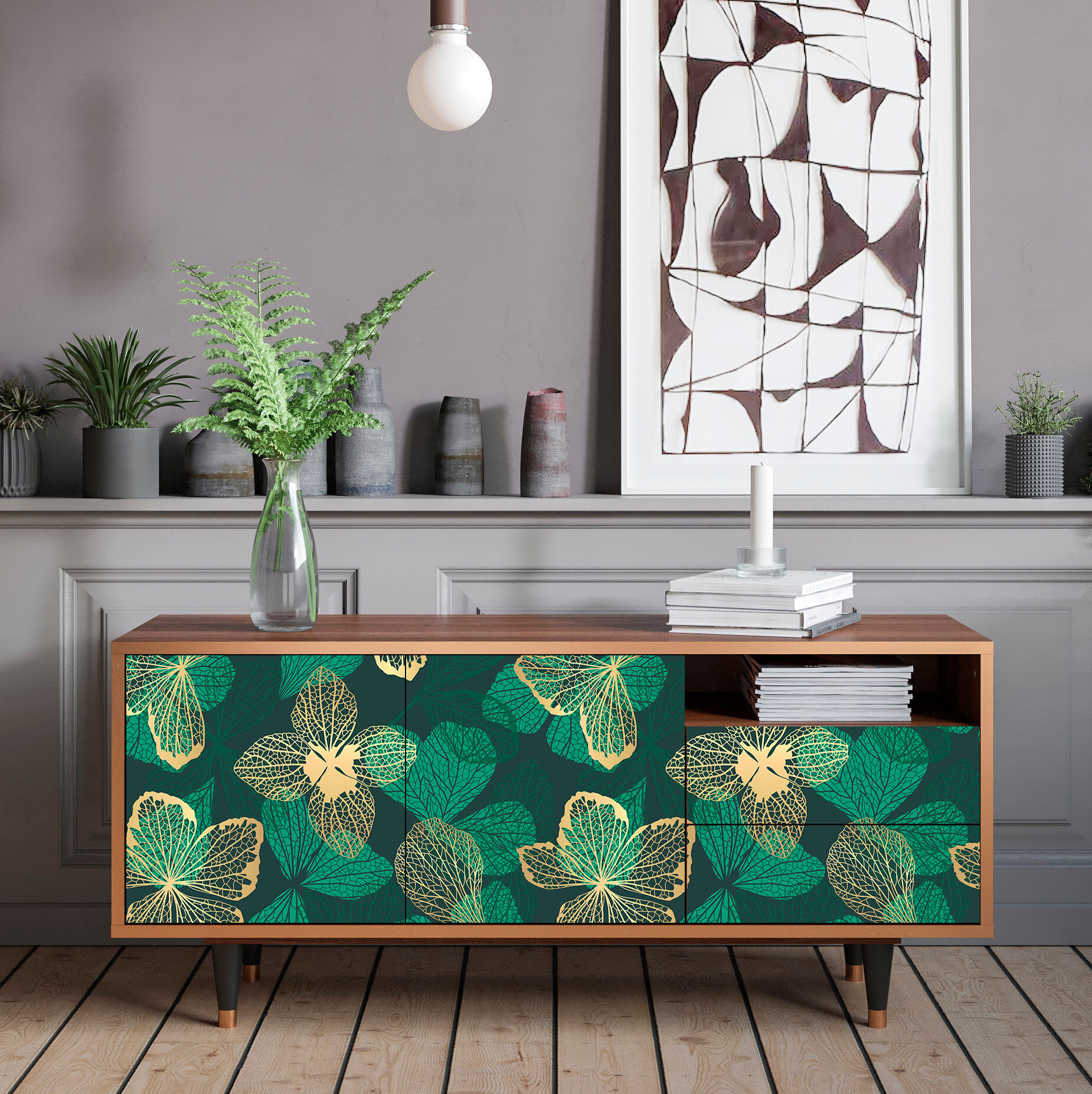 ТВ-Тумба - STORYZ - T7 Green Flower, Размер - 125 x 56 x 41 см, Цвет корпуса - , Орех