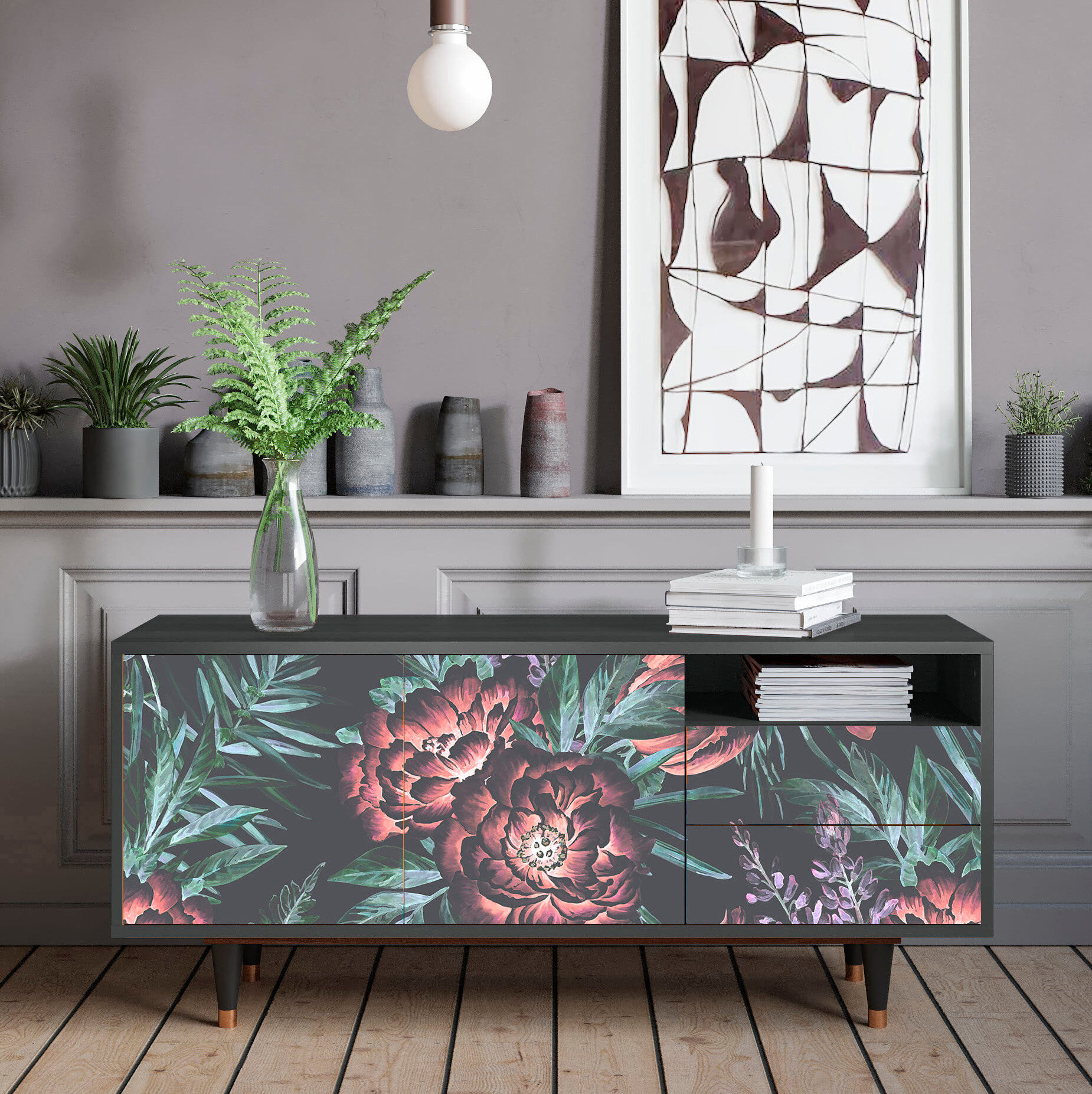 ТВ-Тумба - STORYZ - T7 Dark Peonies, Размер - 125 x 56 x 41 см, Цвет корпуса - , Антрацит