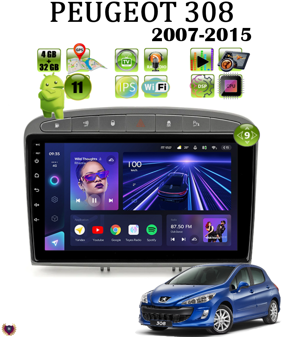 Автомагнитола для Peugeot 308/Пежо 308 (2007-2015), Android 11, 4/32 GB, Bluetooth, WiFi, CarPlay, GPS, поддержка кнопок на руле