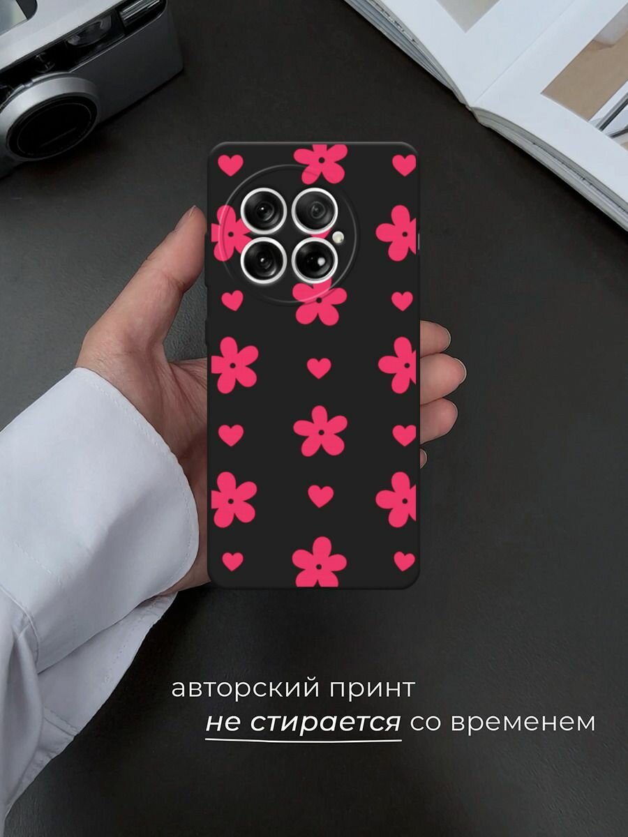 Черный матовый чехол на OnePlus 13 / Ван Плас 13 с принтом Ярко-розовые цветочки — фото 1