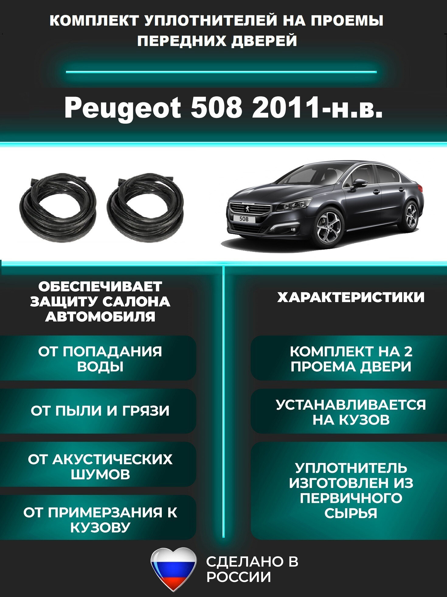 Комплект уплотнителей проемов передних дверей, подходит на Peugeot 508 2011-н. в, Пежо / Пежот 508 -2 шт