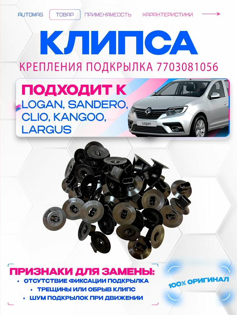 Клипса крепления подкрылка для Renault, комплект 50шт, оригинал, для Logan/Sandero/Clio