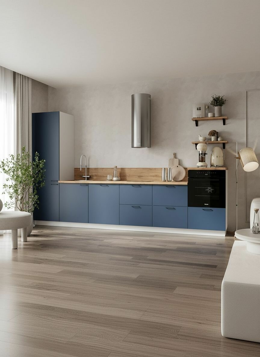 ARNIKA Кухонный гарнитур со столешницей "Дакия" 3,6м х 2,4м, цвет ежевика (синий), фасад пленка ПВХ