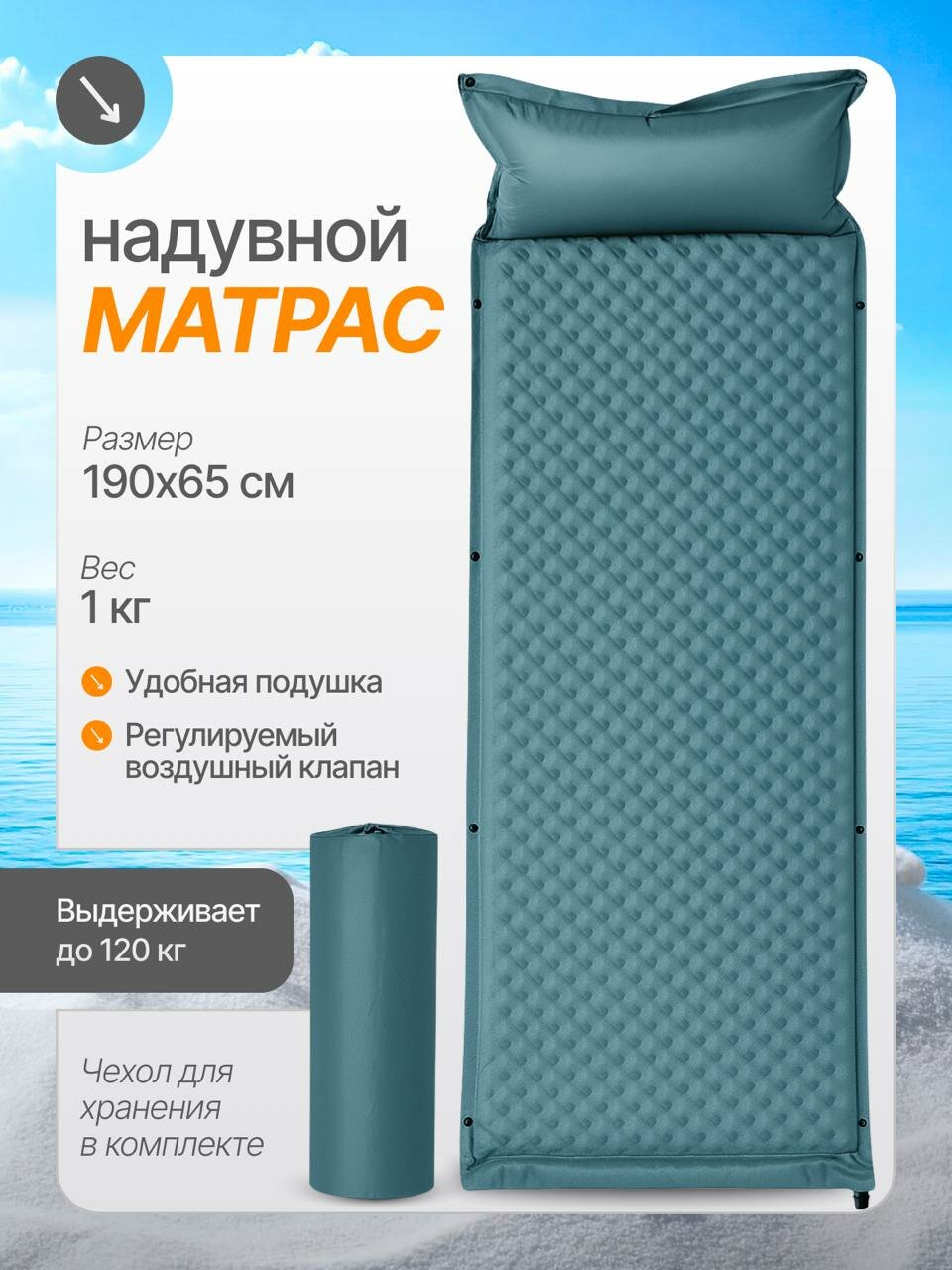 Самонадувающийся коврик 190х65 см с надувной подушкой для кемпинга / Матрас туристический многосекционный синий