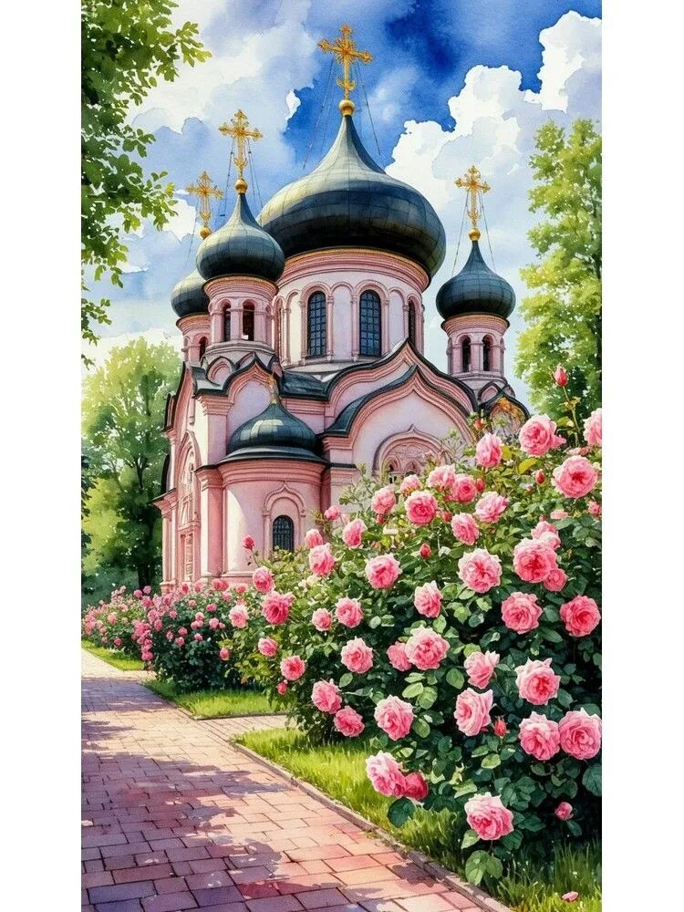 Алмазная живопись "Церкви и мосты, окруженные цветами.", 5D, круглая, 40x50 см. Производитель: Brose Art.