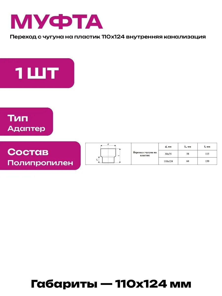 Муфта переходная 110х124 мм для внутренней канализации серая