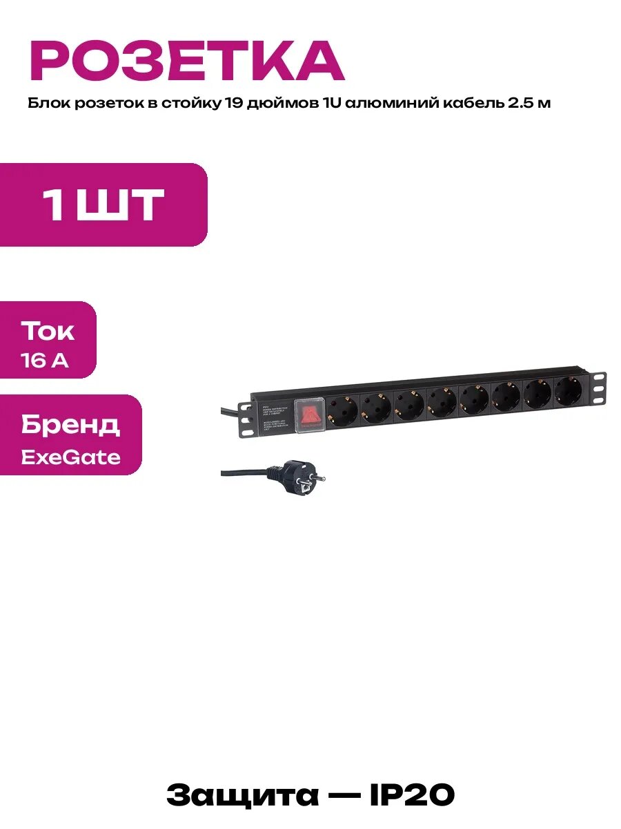 Блок розеток 19 1U 8 розеток с заземлением выключатель 2.5