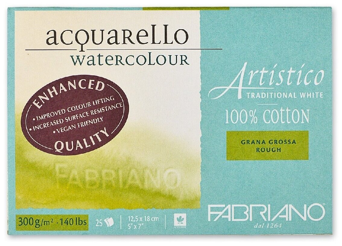 Блок для акварели Fabriano Artistico Traditional White 300г/м. кв 12x18см Торшон 25 листов склейка по 4 сторонам