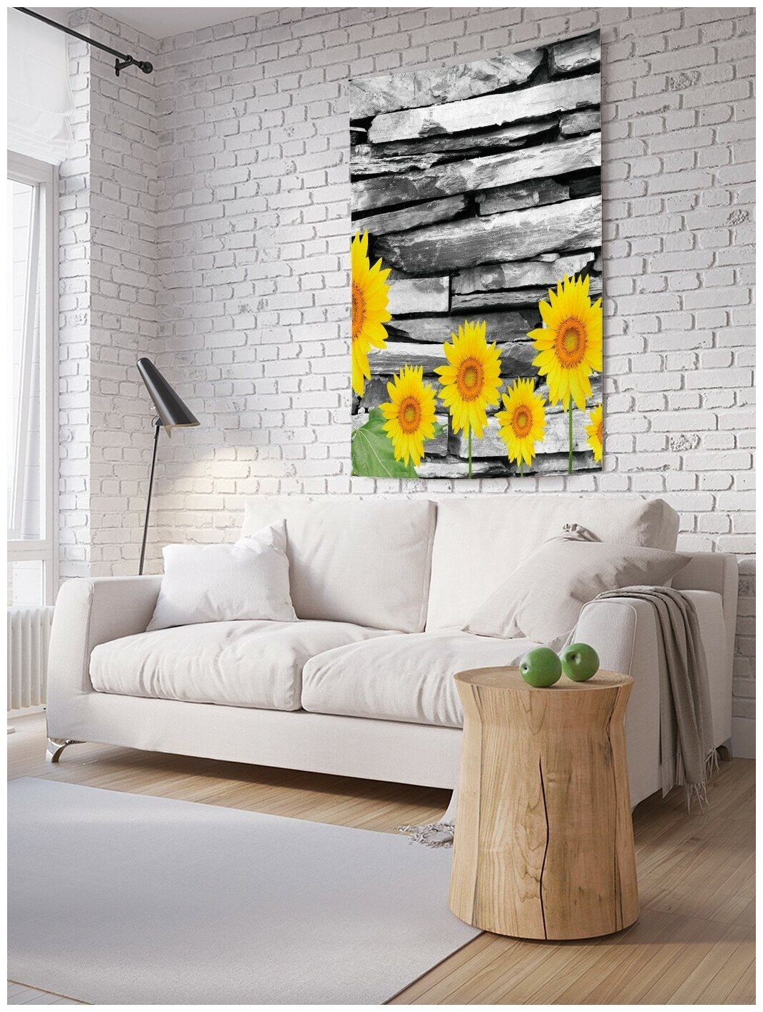 Фотопанно на стену вертикальный из ткани постер 100х150 "Подсолнухи у каменной стены", JoyArty