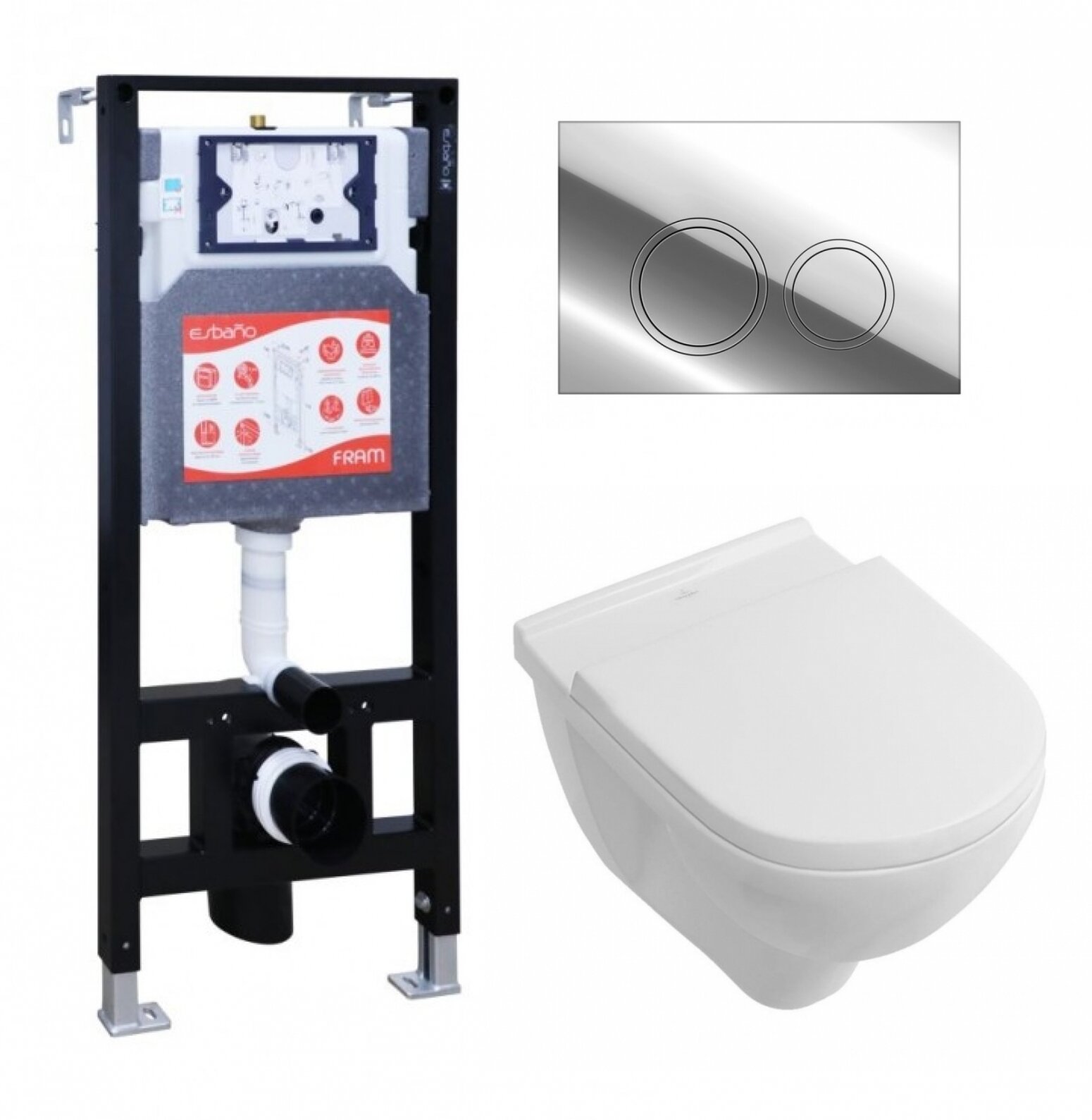 Комплект 3 в 1 инсталляция ESBANO FRAM + Унитаз подвесной Villeroy & Boch O Novo Directflush + кнопка хром глянцевая