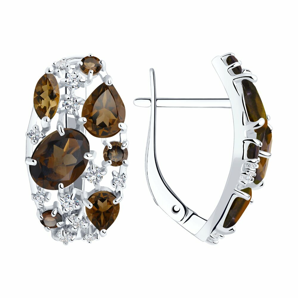 Серьги, серебро, 925 проба, родирование, фианит, раухтопаз