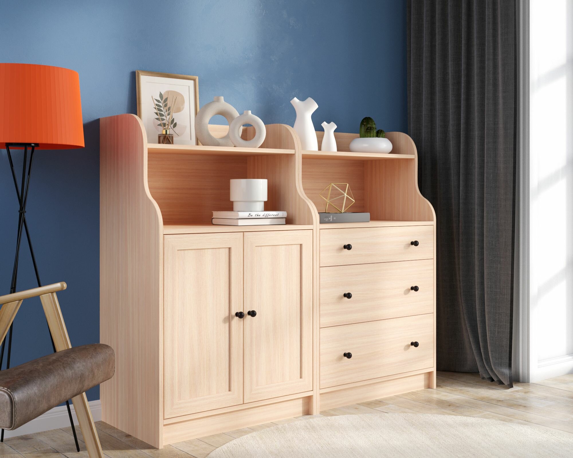 Комод с ящиками и полками "Хауга Дуб молочный 3" 140х116х46