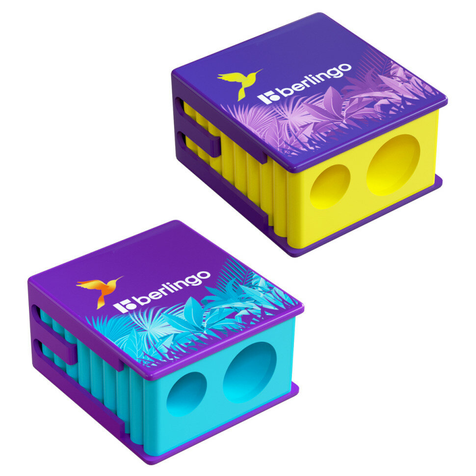 Точилка пластиковая Berlingo "Flower Art", с контейнером, 2 отверстия, ассорти, 371357