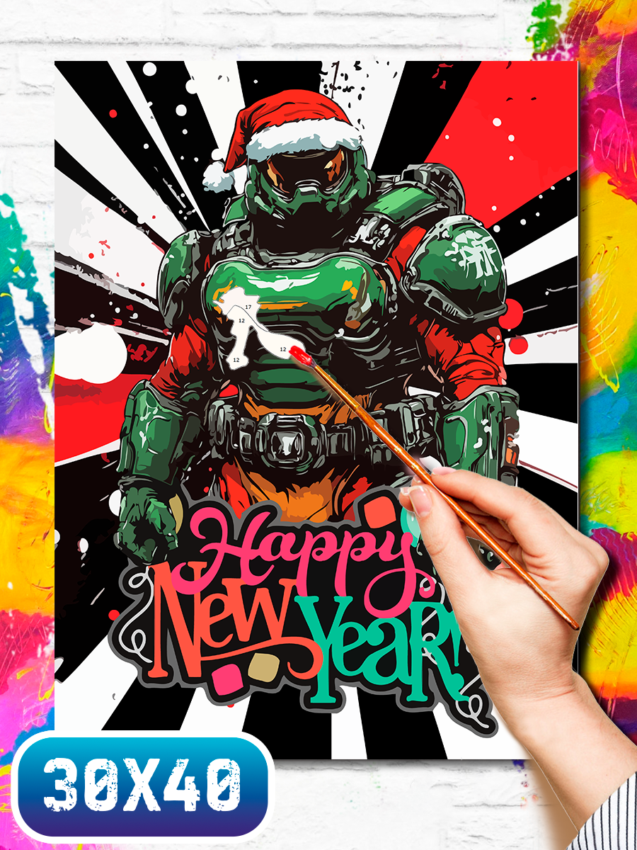 Картина по номерам на холсте новый год Happy new year (игра Doom, Думгай, PS, PC, XBOX, SWITCH) - 16005 В 30x40