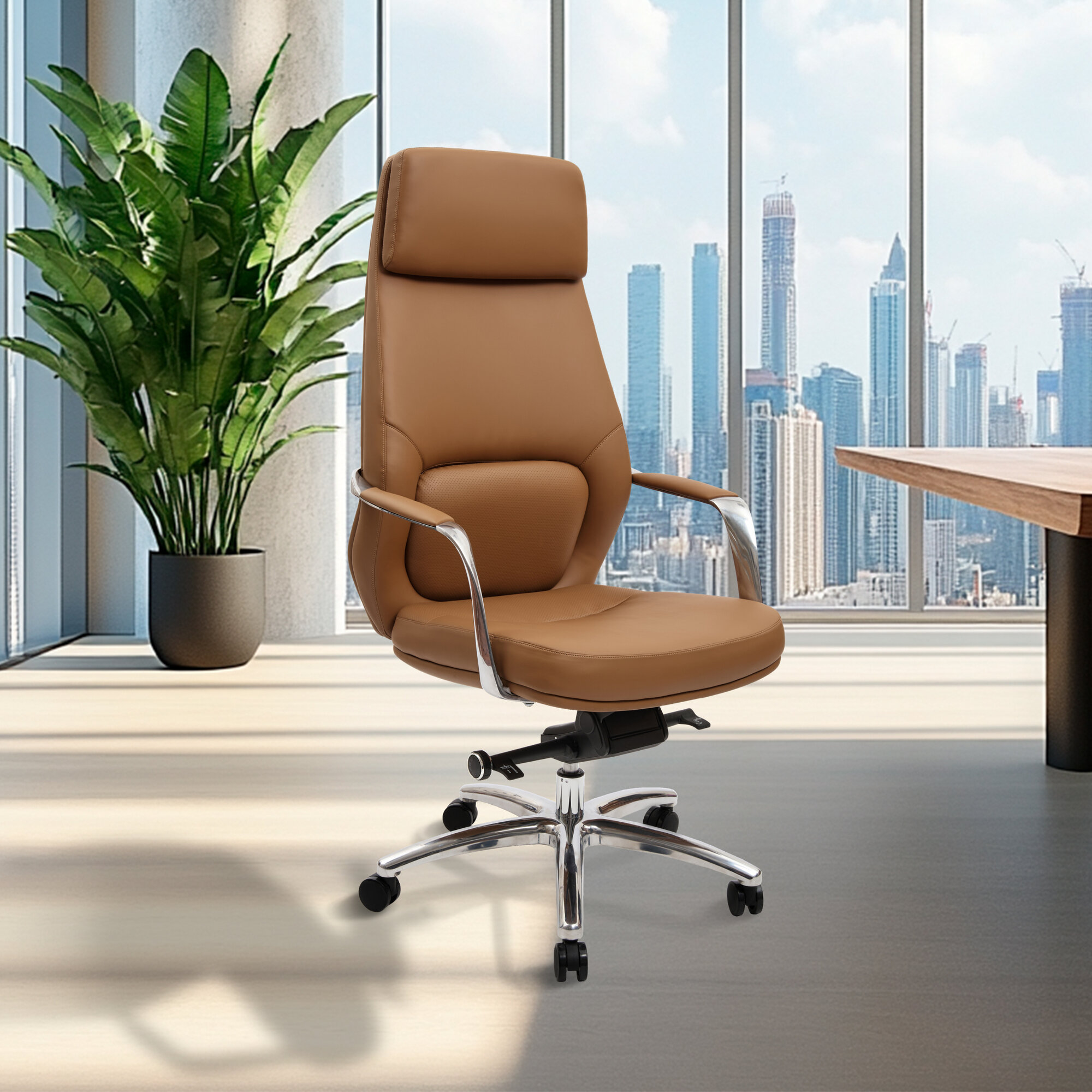 Кресло руководителя кабинетное, офисное ROMAAR Supreme. Цвет коричневый. Стальные подлокотники с кожаными накладками. Материал отделки искусственная кожа с вставками из перфорированной кожи.