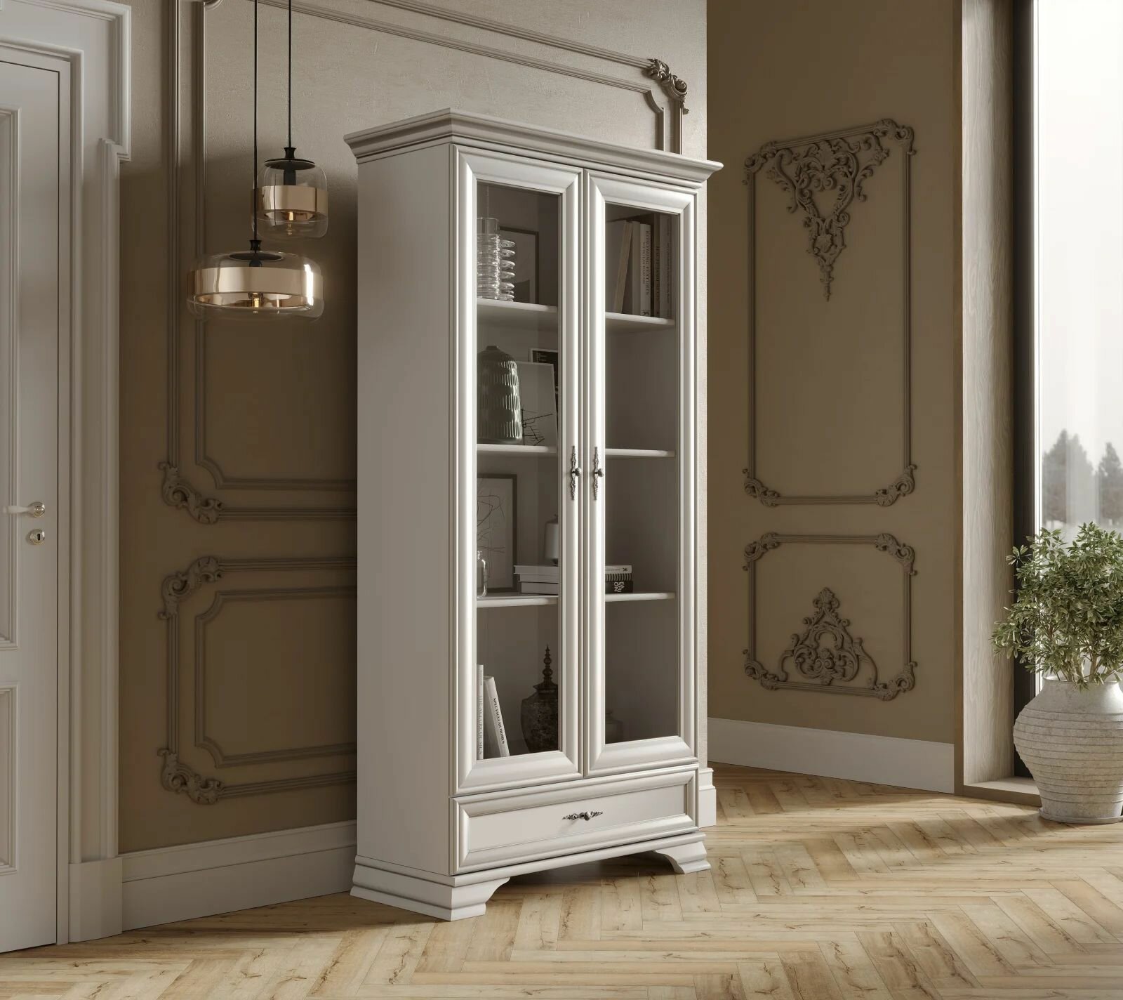 Шкаф-витрина Kentaki REG2W1S белый, стеклянный, 2 двери, 4 полки, для посуды, в прихожую