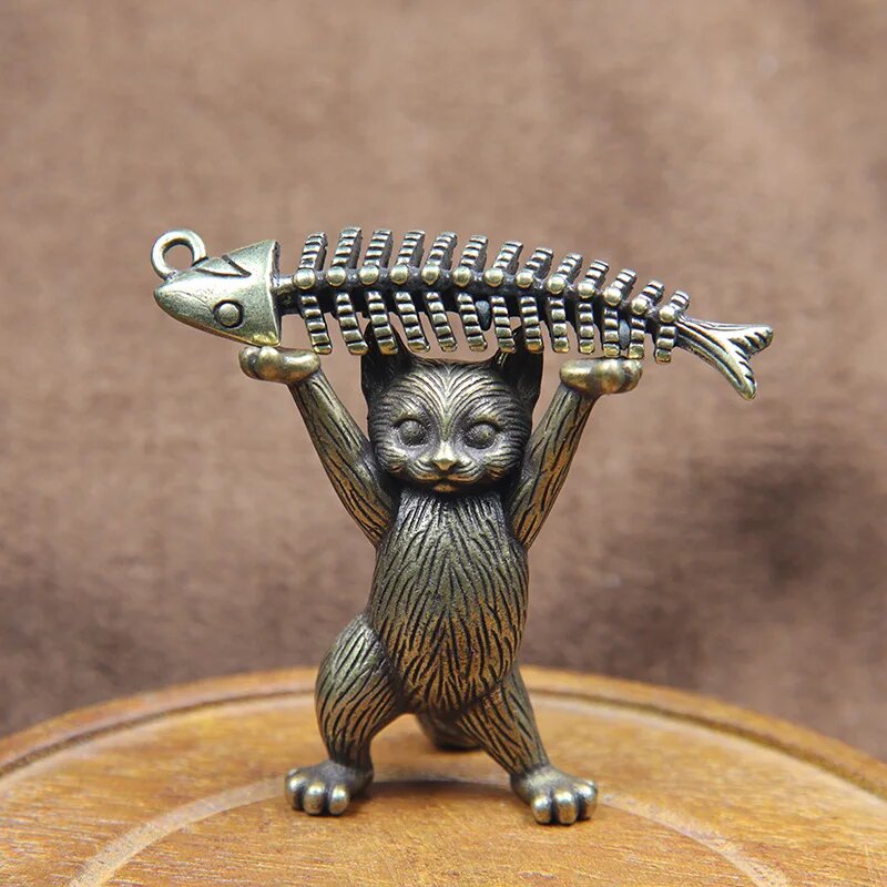 Фигурка кота с рыбной костью, медная, Cat Lift Fish Bone 1