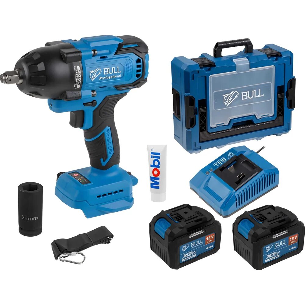 Аккумуляторный ударный гайковерт BULL SC 1807 Xcase, XLTpro, бесщеточный, 18 В, 750 Н*м, 1/2", 2x6 А*ч, з/у 6 А 1329724
