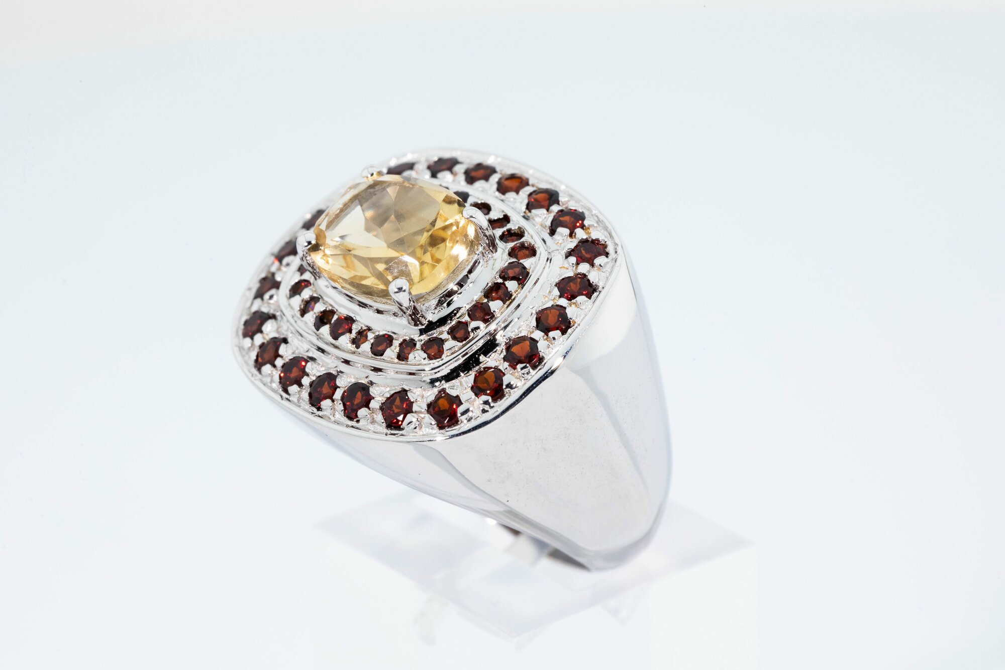 Кольцо, серебро, 925 проба, родирование, цитрин, гранат