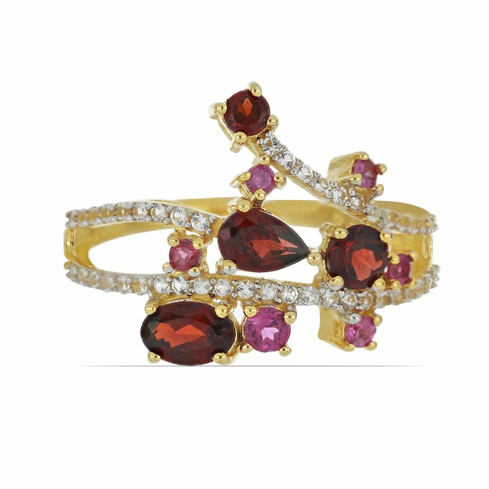 Кольцо, серебро, 925 проба, гранат, родолит, топаз