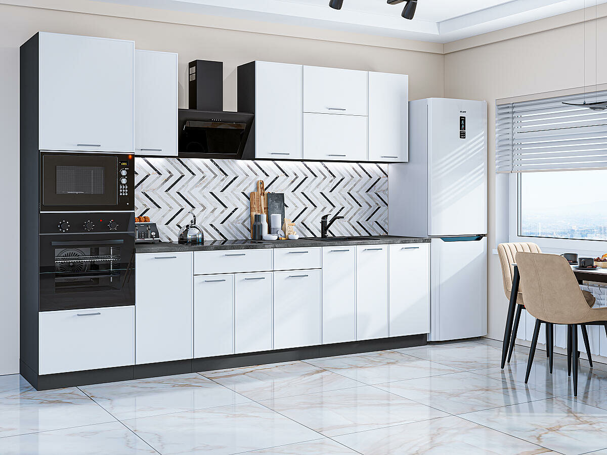 Кухня Квадро-01, цвет фасада Белый, цвет каркаса Graphite, 2140*3000*600 мм
