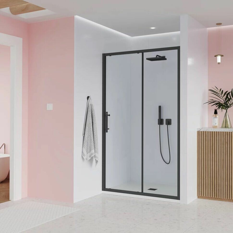 Душевая дверь в нишу Veconi Evo B раздвижная, 130х195 см, стекло прозрачное, профиль черный матовый E1-B-130-01-C9