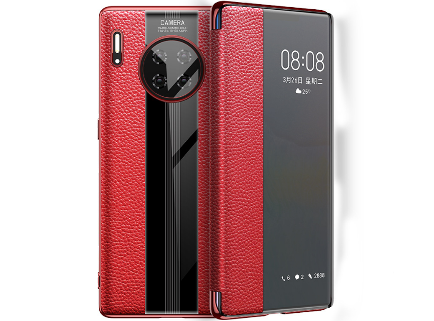 Чехол-книжка MyPads из качественной импортной кожи для Huawei P30 с боковым окном для предпросмотра вызовов, красный