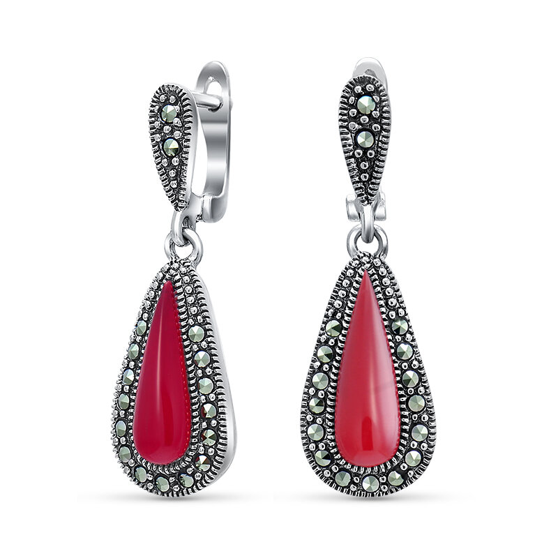 Серьги, серебро, 925 проба, агат, марказит