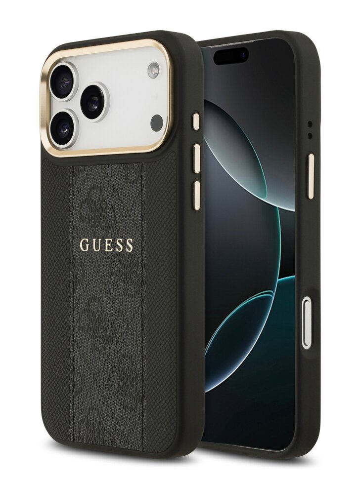 Guess чехол с MagSafe для iPhone 17 Pro, PU кожа 4G Stripe Classic metal logo Gold camera, черный