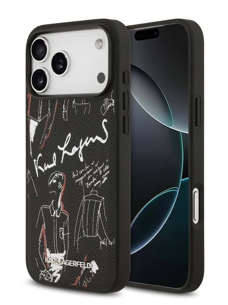 Karl Lagerfeld чехол с MagSafe для iPhone 17 Pro, из зернистой экокожи с принтом Sketch, черный