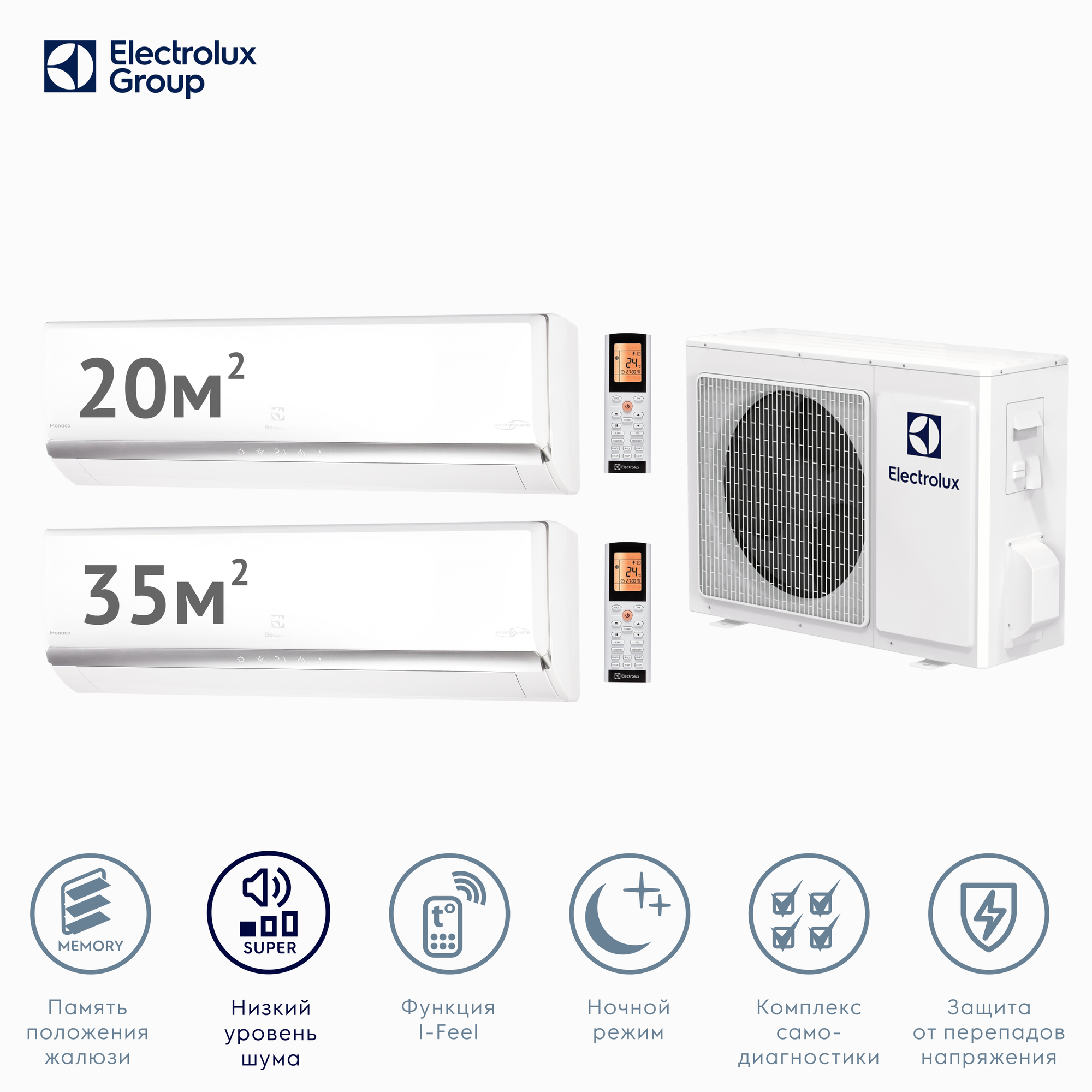 Инверторная мульти сплит-система Electrolux Monaco на 2 комнаты EACO/I-18 FMI-2/N8_ERP + EACS/I-07+EACS/I-12