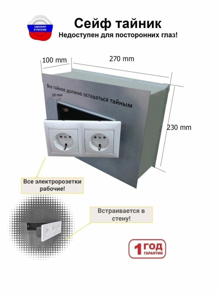 Скрытый сейф-тайник для денег и документов с блоком рабочих розеток Legrand. Встраиваемый в стену на глубину 10 см.