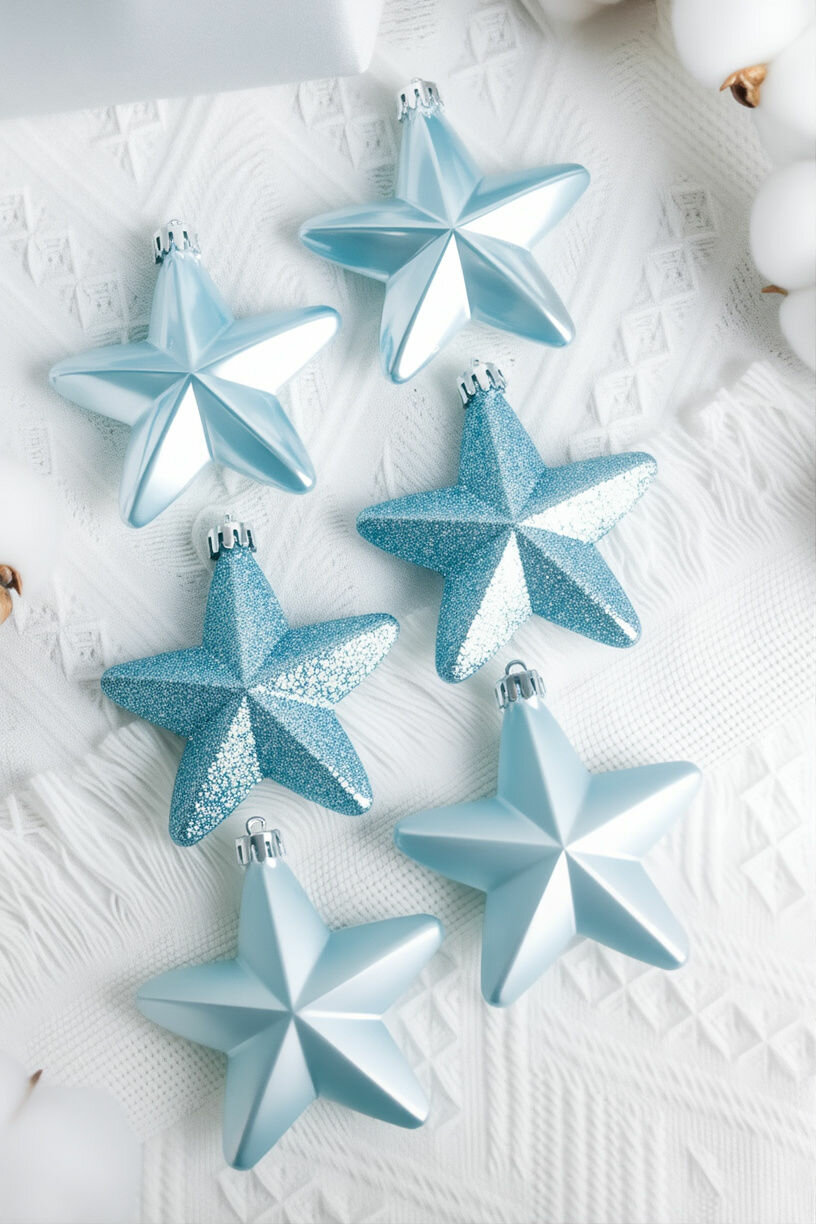 Набор украшений ёлочные звёздочки пластиковый, глянцевые, матовые, с глиттером, цвет: голубой, 7.5 см, 6 шт, Winter Deco 027952