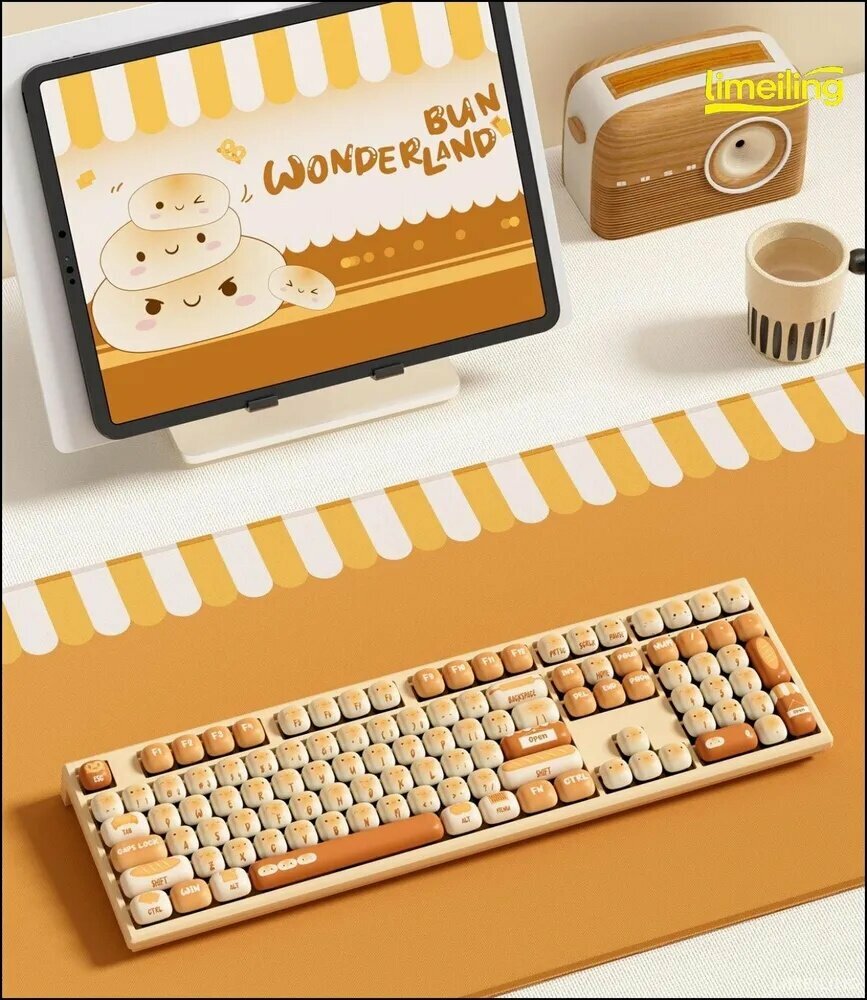 Игровая клавиатура беспроводная Клавиатура механическая Akko x Monsgeek MG108B Весёлый Парк Манту беспроводная 3-модовая, RGB, MOG, 108 клавиш, US-раскладка, с поддержкой горячей замены, (Akko V3 Piano Pro), Английская раскладка, коричневый, кремовый