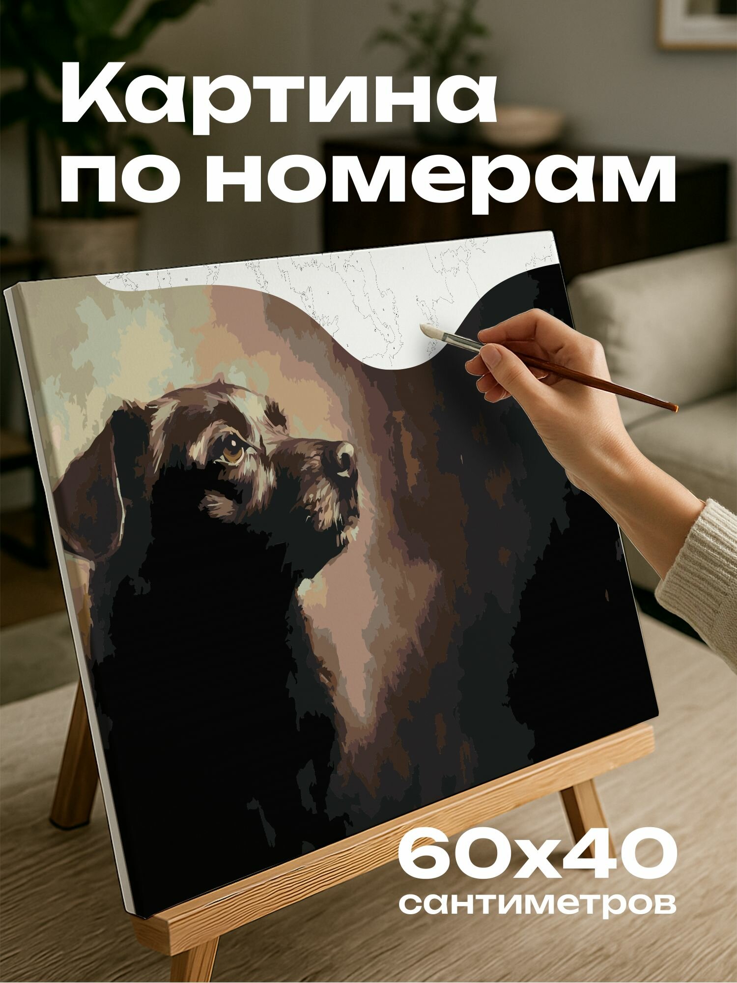 Картина по номерам 60x40 см, собака, масляная живопись, задумчивость, глубокие глаза, тени, свет, эмоциональный