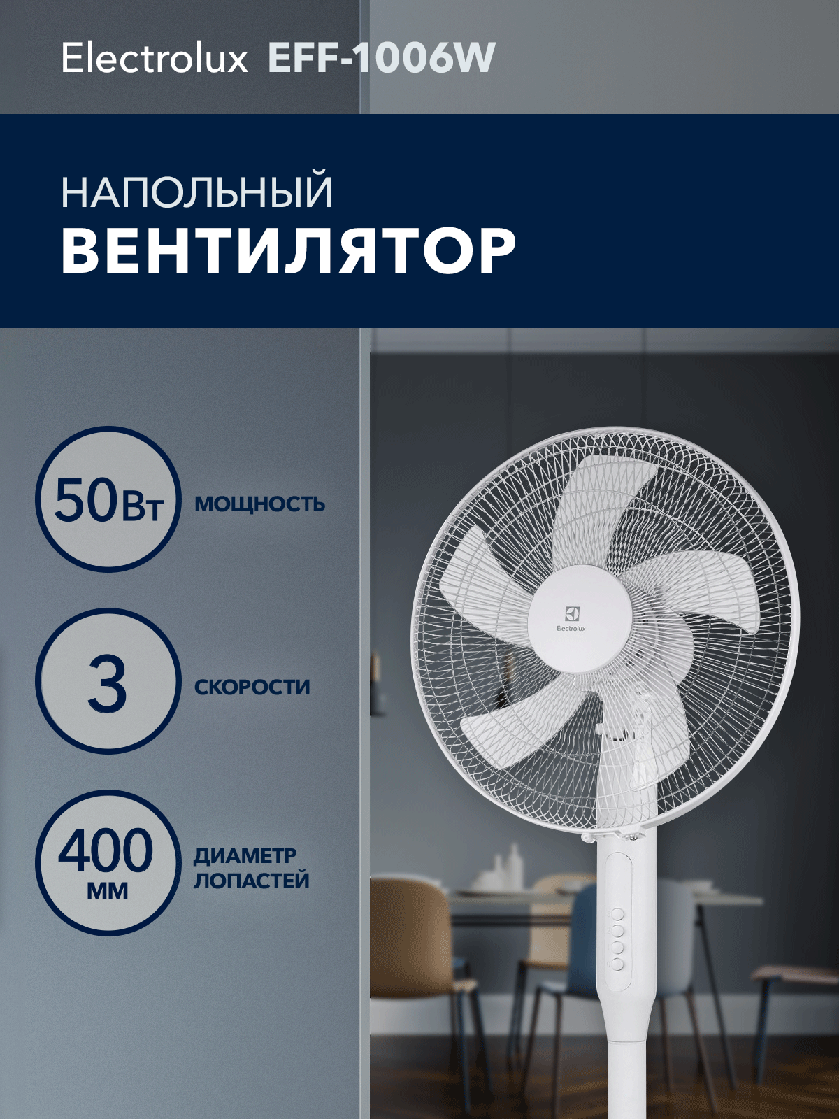 Напольный вентилятор Electrolux EFF-1006W Snow White, 5 скоростей, 3 положения, с таймером